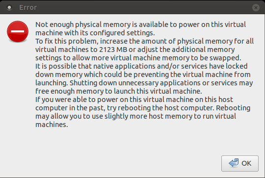 VMware Workstation 14: "Error: Not enough physical memory is available ...